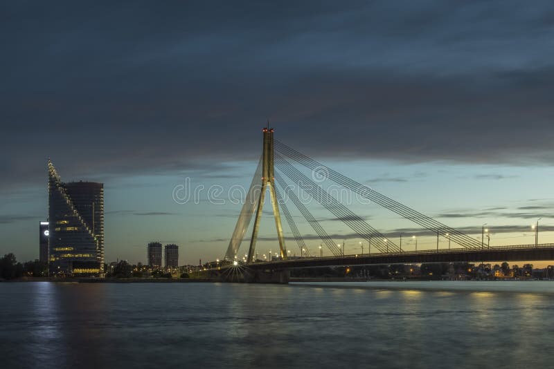 Cable Stayed Bridge Across Daugava River at Night in Riga, Latvia ...