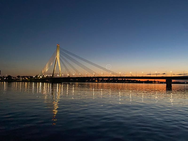 Cable-stayed Bridge Across the River. the Bridge with Night Lighting ...