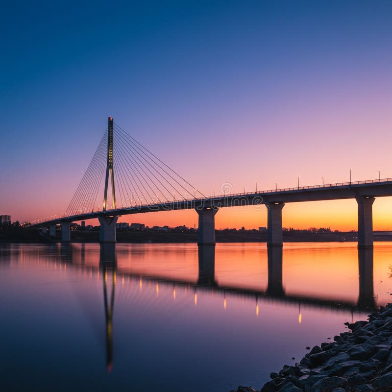 Cable-stayed Bridge with a Central Pylon, Spanning Over a Calm River at ...
