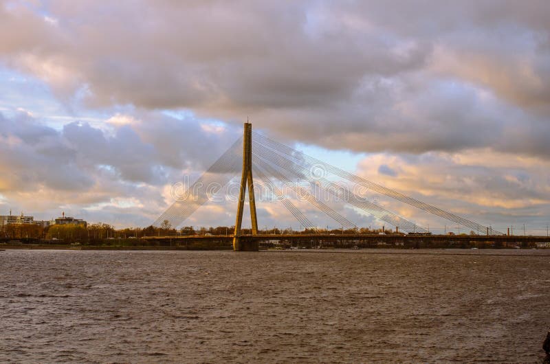 Cable-stayed Bridge on the Daugava River in Riga Stock Photo - Image of ...