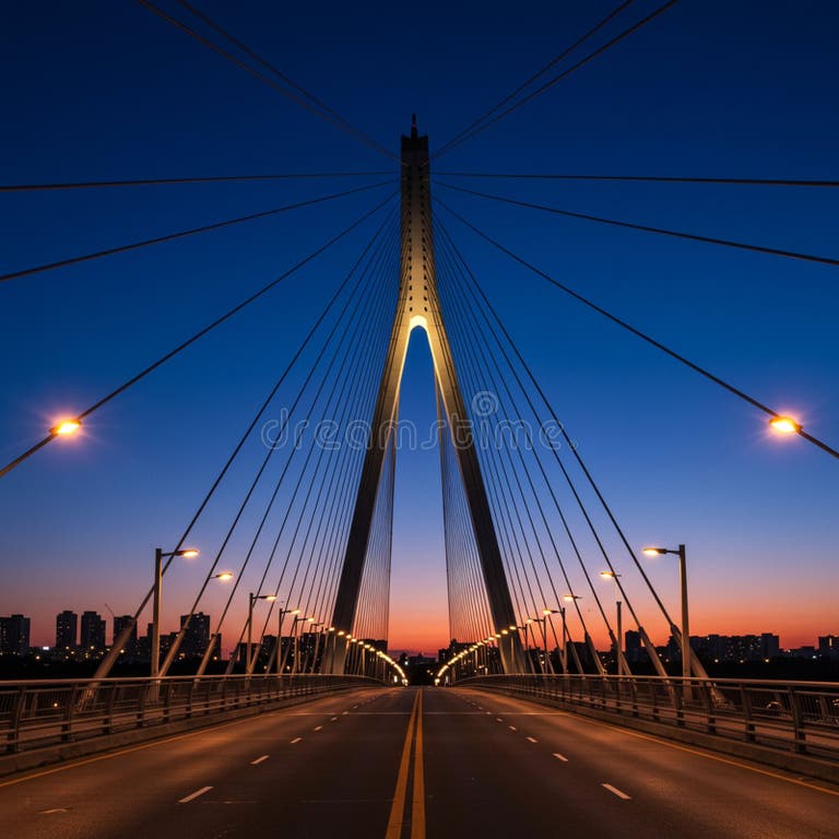Cable-stayed Bridge at Dusk with an Illuminated Central Tower. Multiple ...