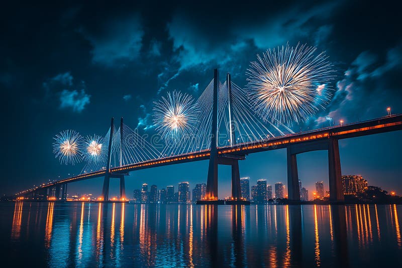 Cable Stayed Bridge with Fireworks Display and Skyline Reflections at ...