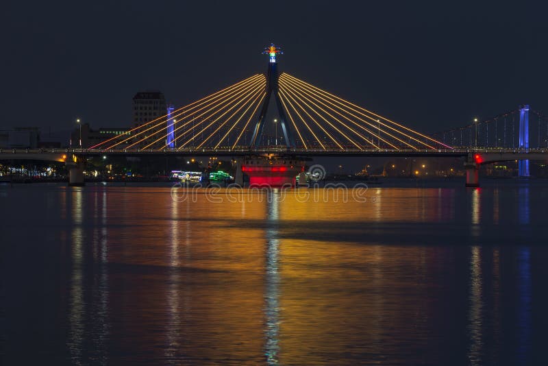 Cable-stayed Bridge on the Han River in Night Illumination. Danang ...