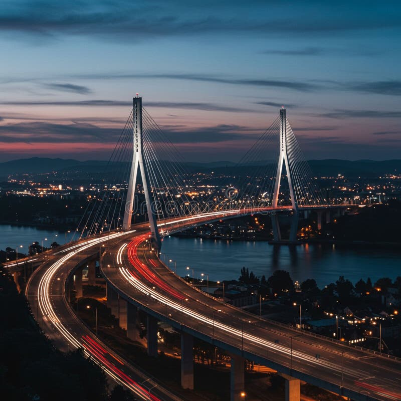 Cable-stayed Bridge Illuminated Against a Twilight Sky, Featuring Tall ...