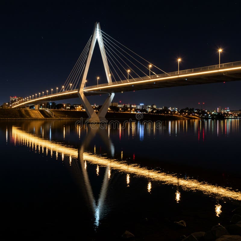 Cable-stayed Bridge Illuminated at Night, Spanning a Calm River with ...