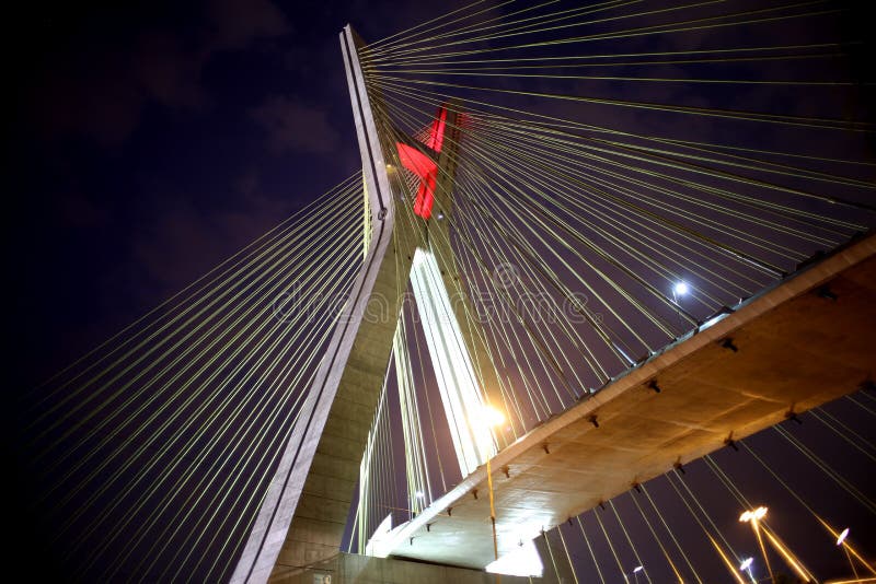 Cable-stayed Bridge Illuminated at Night Stock Image - Image of bridge ...