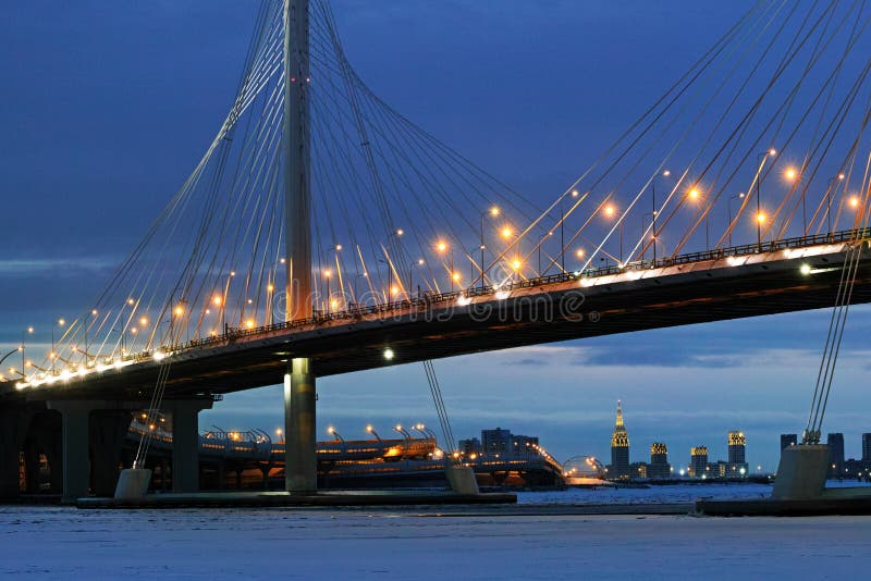 Cable-stayed Bridge in the Light of Evening Illumination. Stock Image ...