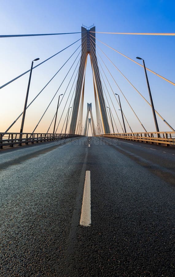Cable-stayed Bridge in the Light of the Morning Sun and Against the ...