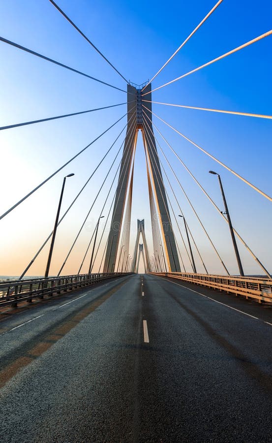 Cable-stayed Bridge in the Light of the Morning Sun and Against the ...