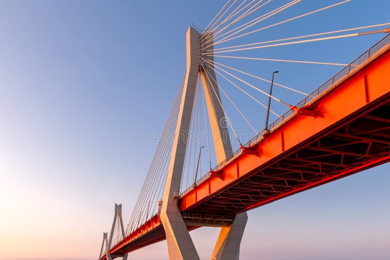 Cable-stayed Bridge in the Light of the Morning Sun and Against the ...