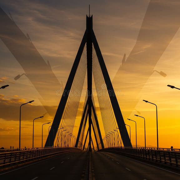 Cable-stayed Bridge with Prominent, Triangular Pylons Silhouetted ...