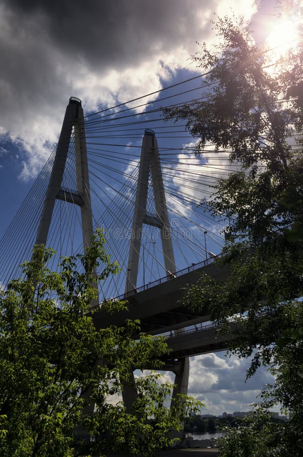 Cable-stayed Bridge Pylons with Ropes in a Contour Light with a ...