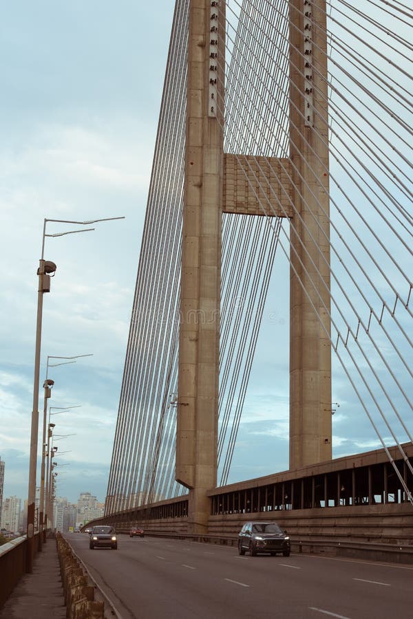 Cable-stayed Bridge with Road and Cars Stock Image - Image of cable ...