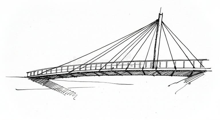 Cable-stayed Bridge Sketch Featuring a Single Central Pylon Supporting ...