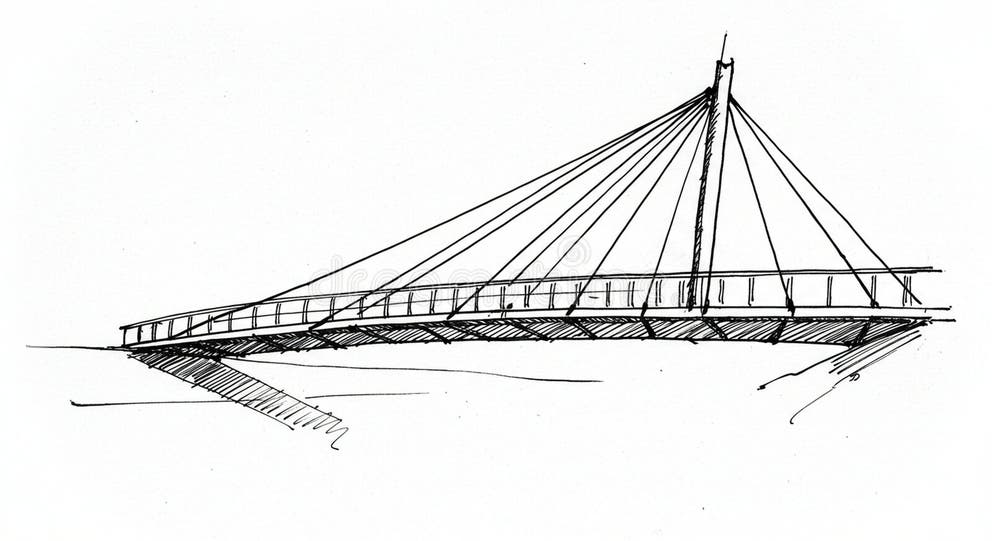 Cable-stayed Bridge Sketch Featuring a Single Central Pylon Supporting ...