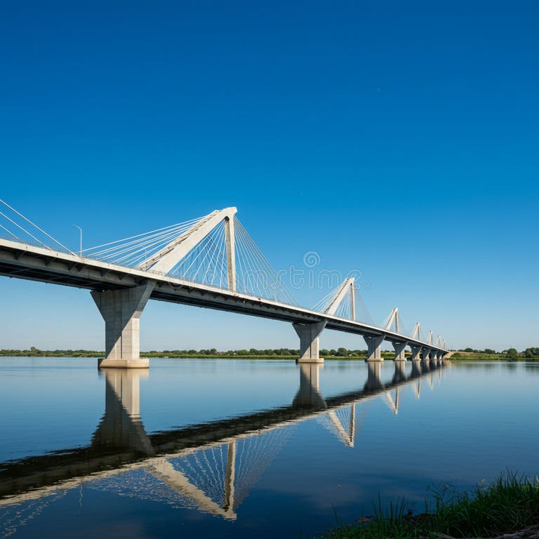 Cable-stayed Bridge Spanning a Calm River, Featuring Multiple Concrete ...