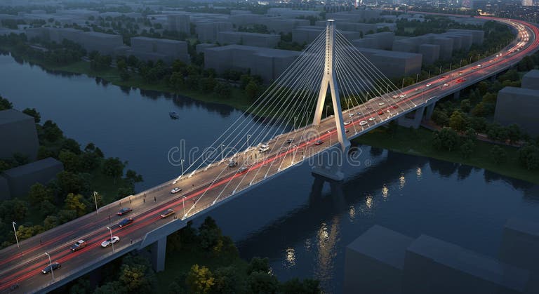 Cable-stayed Bridge Spanning a River, Featuring a Prominent Central ...