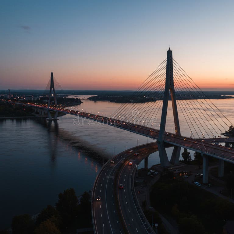 Cable-stayed Bridge Spans Across a Wide River during Sunset, with a ...