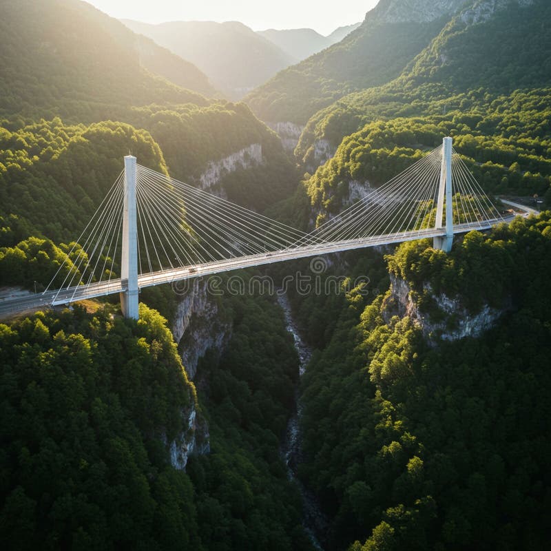 Cable-stayed Bridge Spans a Deep Forested Gorge, with Two Prominent ...