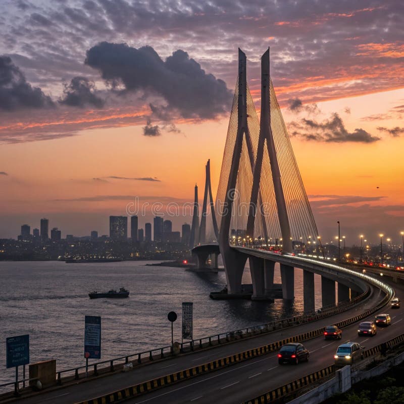 Bandra Worli Sea Link, Mumbai Stock Illustration - Illustration of dawn ...