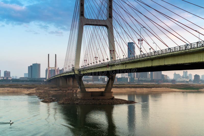 Cable Stayed Bridge at Sunset Stock Image - Image of urban, cable ...