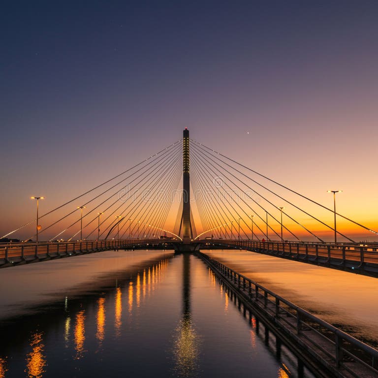 Cable-stayed Bridge at Sunset, Featuring a Central Tower with Radiating ...