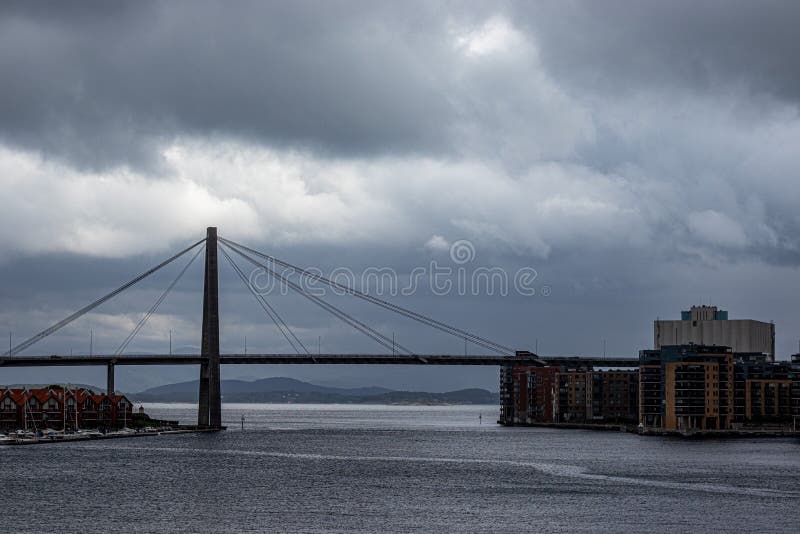 Cable-stayed Stavanger City Bridge in Norway Against the Grey Cloudy ...