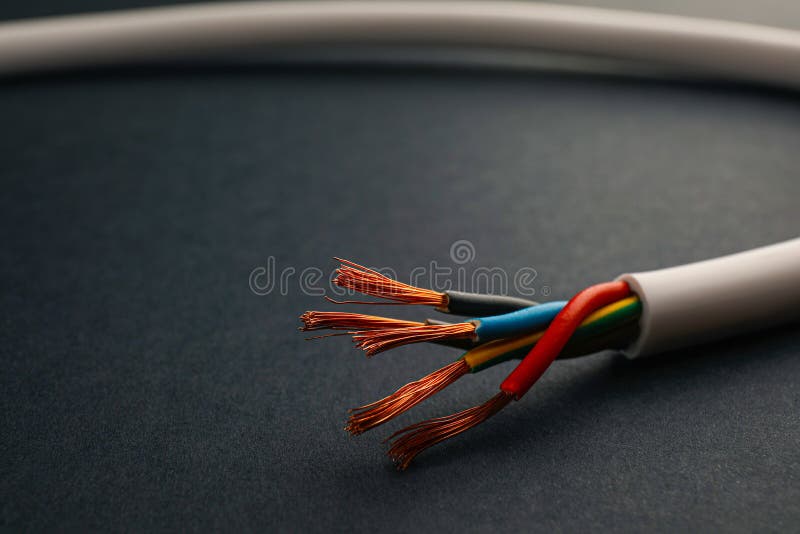 Cable with Stripped Wires on Black Background, Closeup Stock Image ...