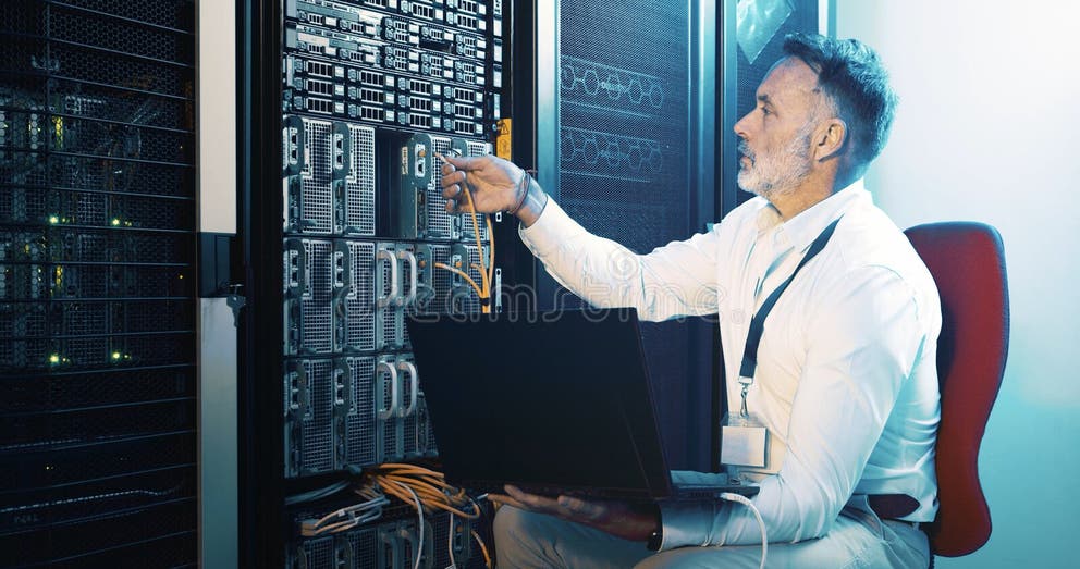Cable, Technician and Laptop with Man in Server Room for Hosting ...
