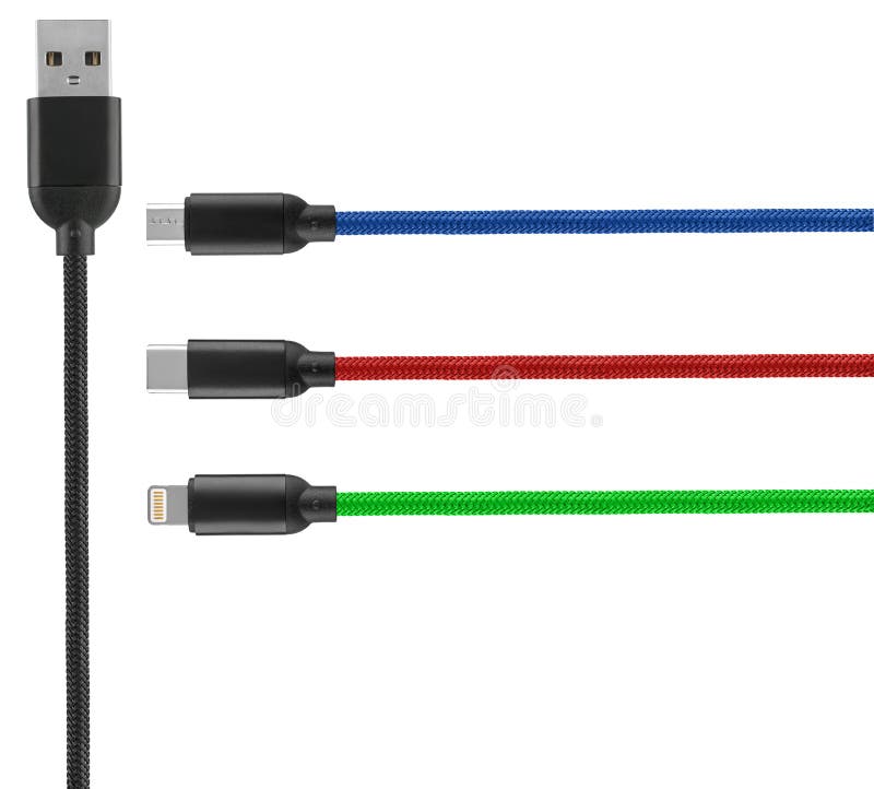 Cable with Type-C MicroUSB USB Lightning Connector, on White Background ...