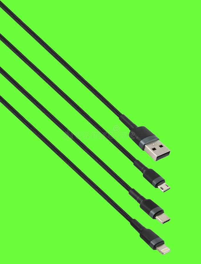 Cable with USB, Micro USB, Lightning and Type-C Connector, on a Green ...