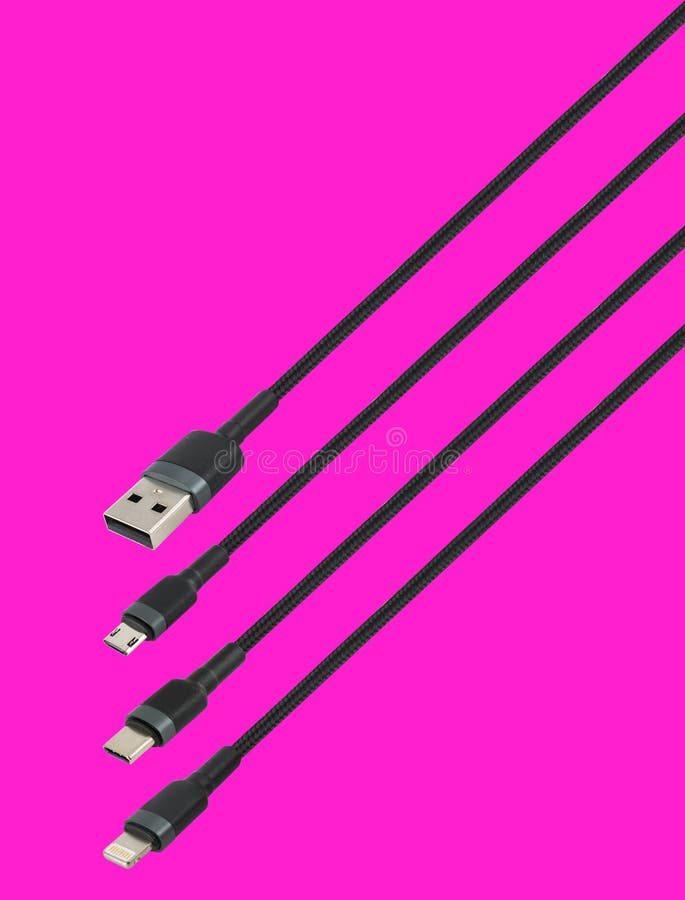 Cable with USB, Micro USB, Lightning and Type-C Connector, on a Red ...