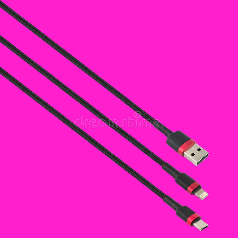 Cable with USB, Type-C and Lightning Connector, on a Red Background ...