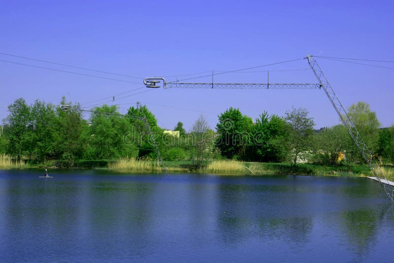 Cable Water Ski Park with Big Cable System in Front of Azure Sky Stock ...