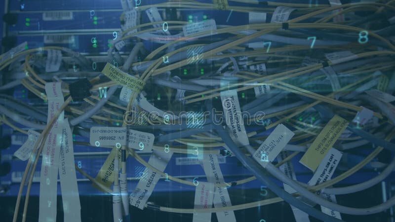 Cables in a Computer Server Room with Warning Messages Appearing in ...