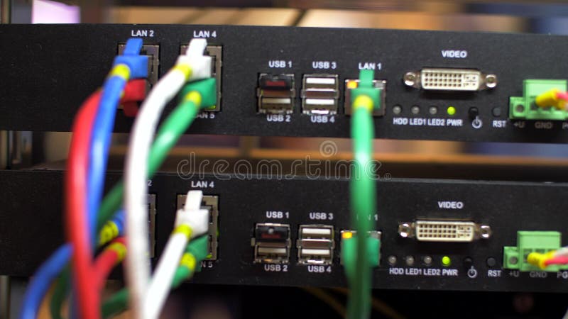 Cables and Connections on Network Server. Server Rack and Network Hub ...