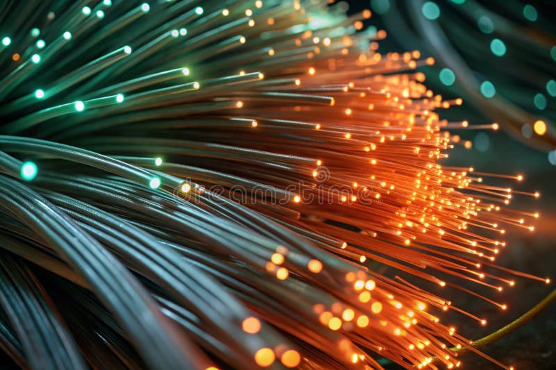 A Cluster of Fiber Optic Cables with Illuminated Ends in Vibrant Orange ...
