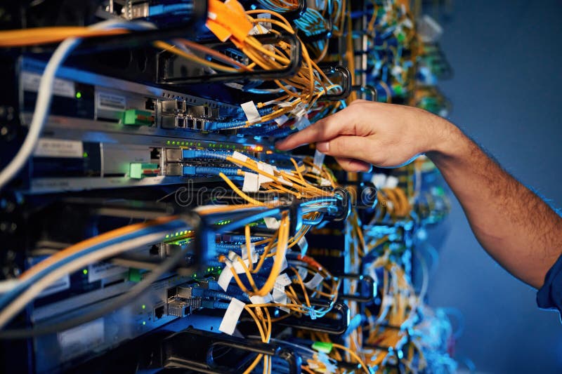 Cables Management. Young Man is Working with Internet Equipment and ...