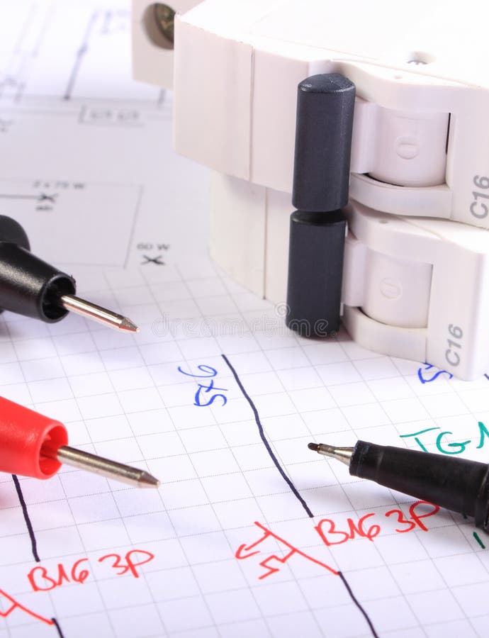 Cables of Multimeter Pen and Electric Fuse on Electrical Drawing Stock ...