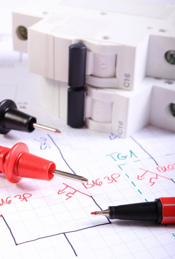 Cables of Multimeter Pen and Electric Fuse on Electrical Drawing Stock ...