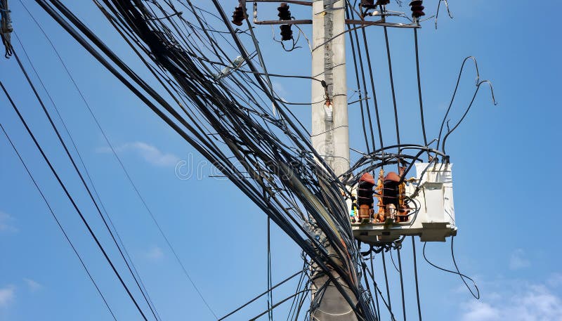 Cables and Wires on an Electric Pole Stock Photo - Image of blue ...