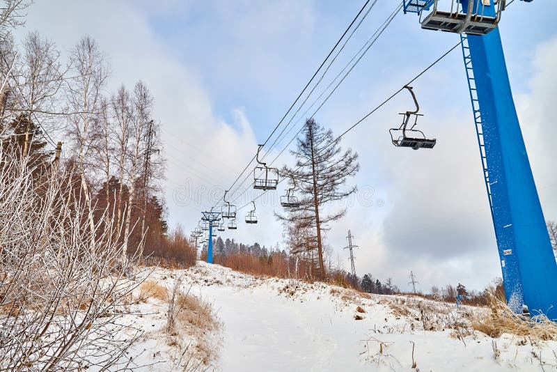 Cableway or Cablecar with Cabanas Goes Up in the Mountains in Winter ...