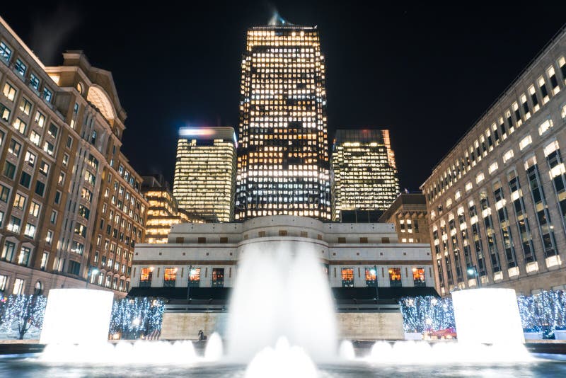 Cabot Square at night stock photo. Image of blue, building - 148591024