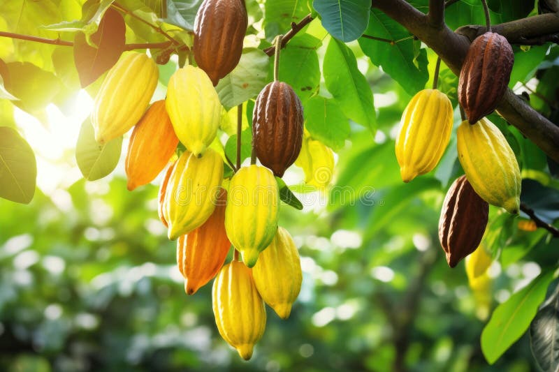 Cacao Group Pod on Green Leaf Tree Background Stock Illustration ...
