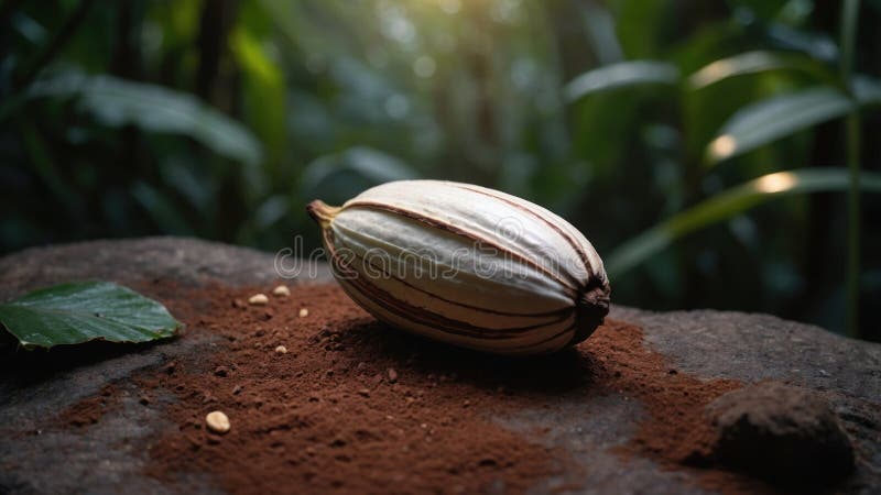 Fresh Cacao Pod on Cocoa Powder with Green Leaves Background Stock ...