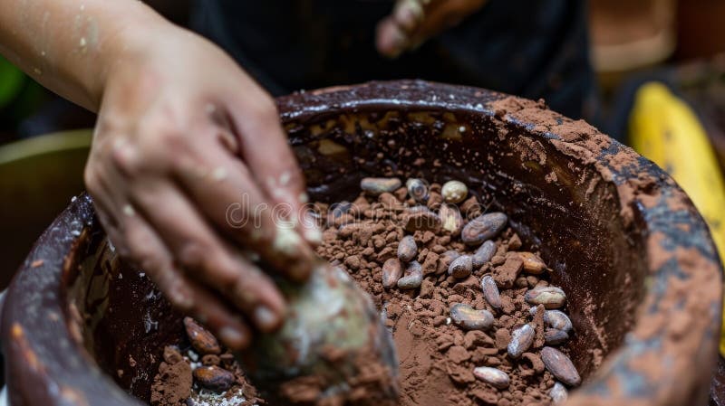 The Cacao Seeds and Pulp Being Crushed and Mixed Together in the Bowl ...