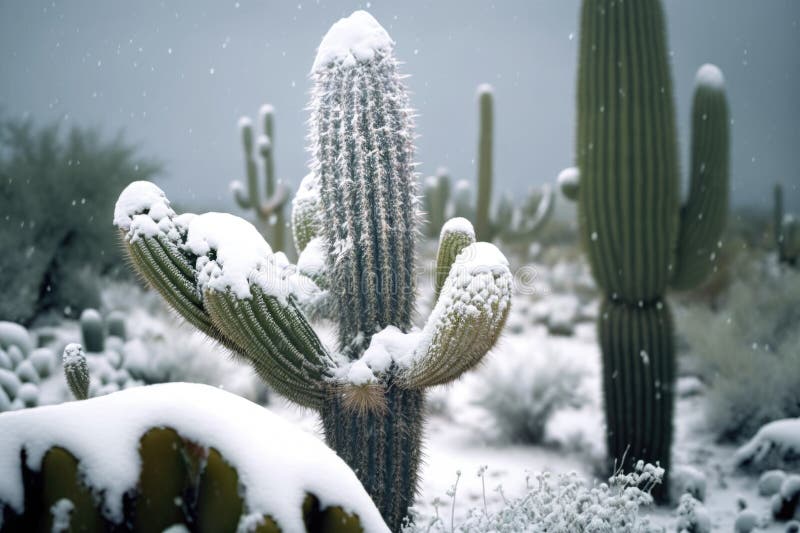 Cacti Carnegiea Gigantea Under the Snow after a Heavy Snowfall ...