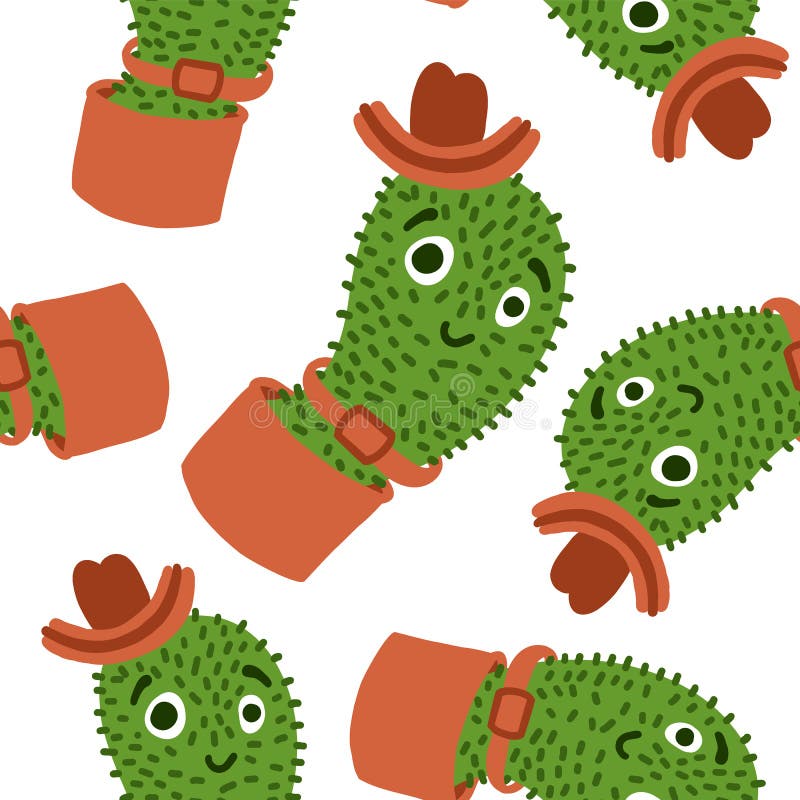 Cacti Character in Hat Pattern in Cartoon Style Stock Vector ...