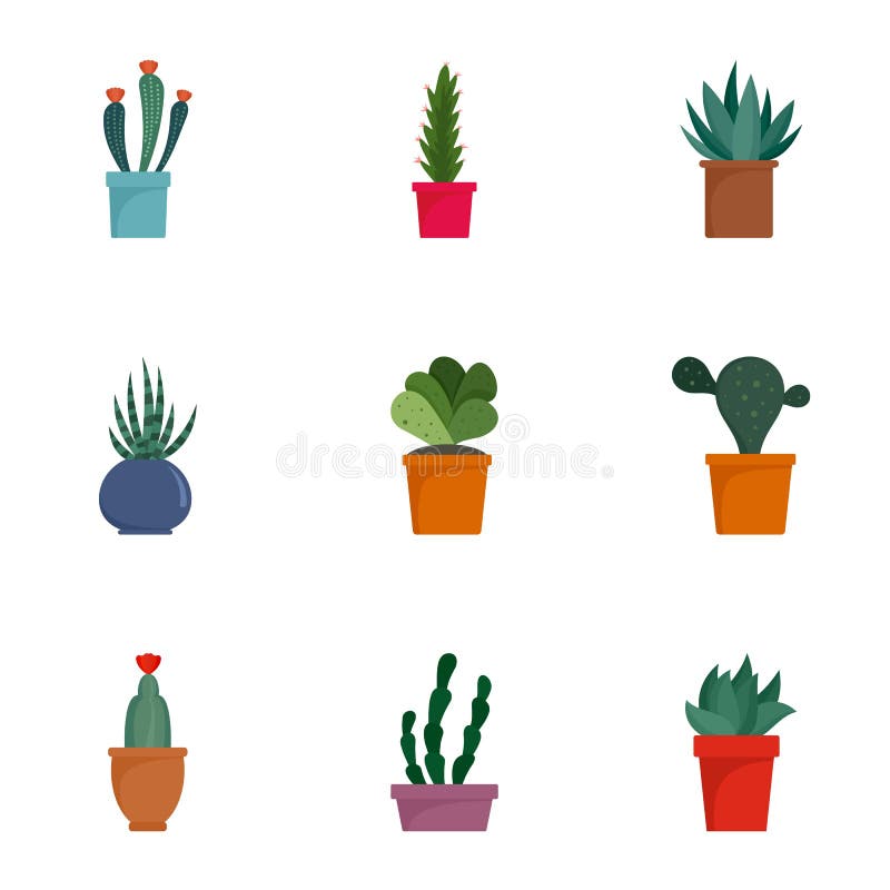 Cacti icon set, flat style stock vector. Illustration of houseplant ...