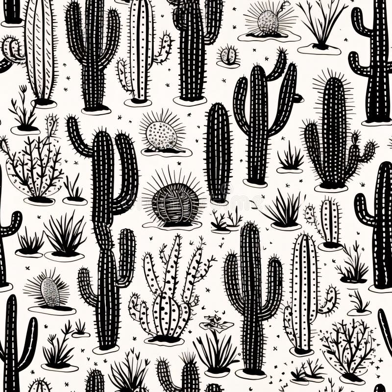 Cacti Seamless Pattern. Hand Drawn Cacti Vector Illustration Stock Illustration - Illustration ...